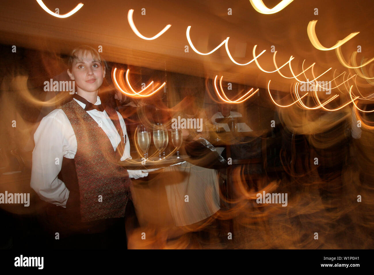 hostess, waitress, Champagne, Captain´s dinner, cruise ship MS Delphin ...