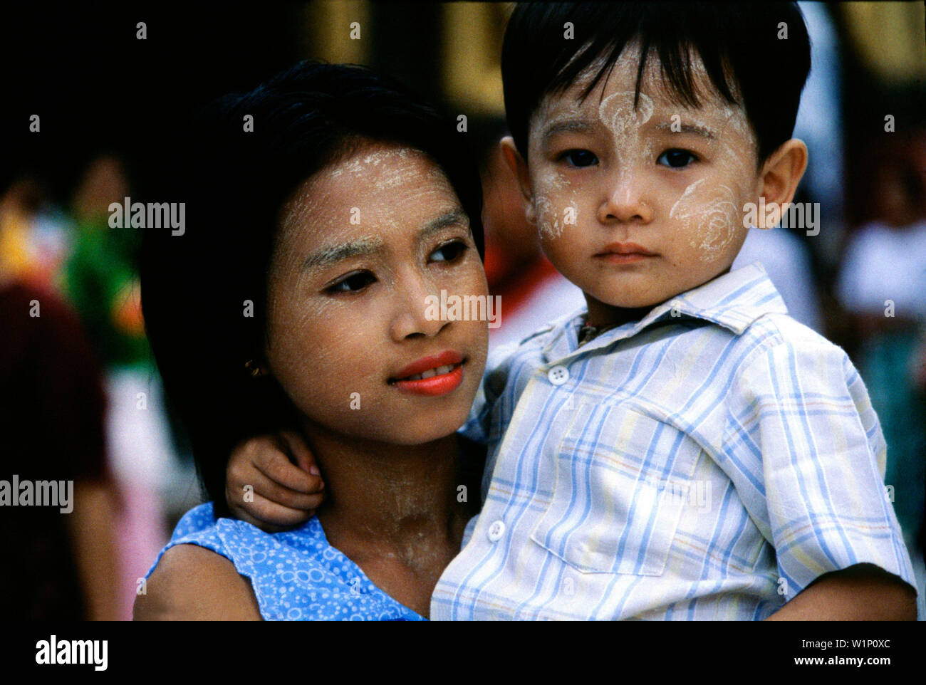 Mother and boy with Thanaka make up, , Rangoon, Myanmar Asia Stock ...
