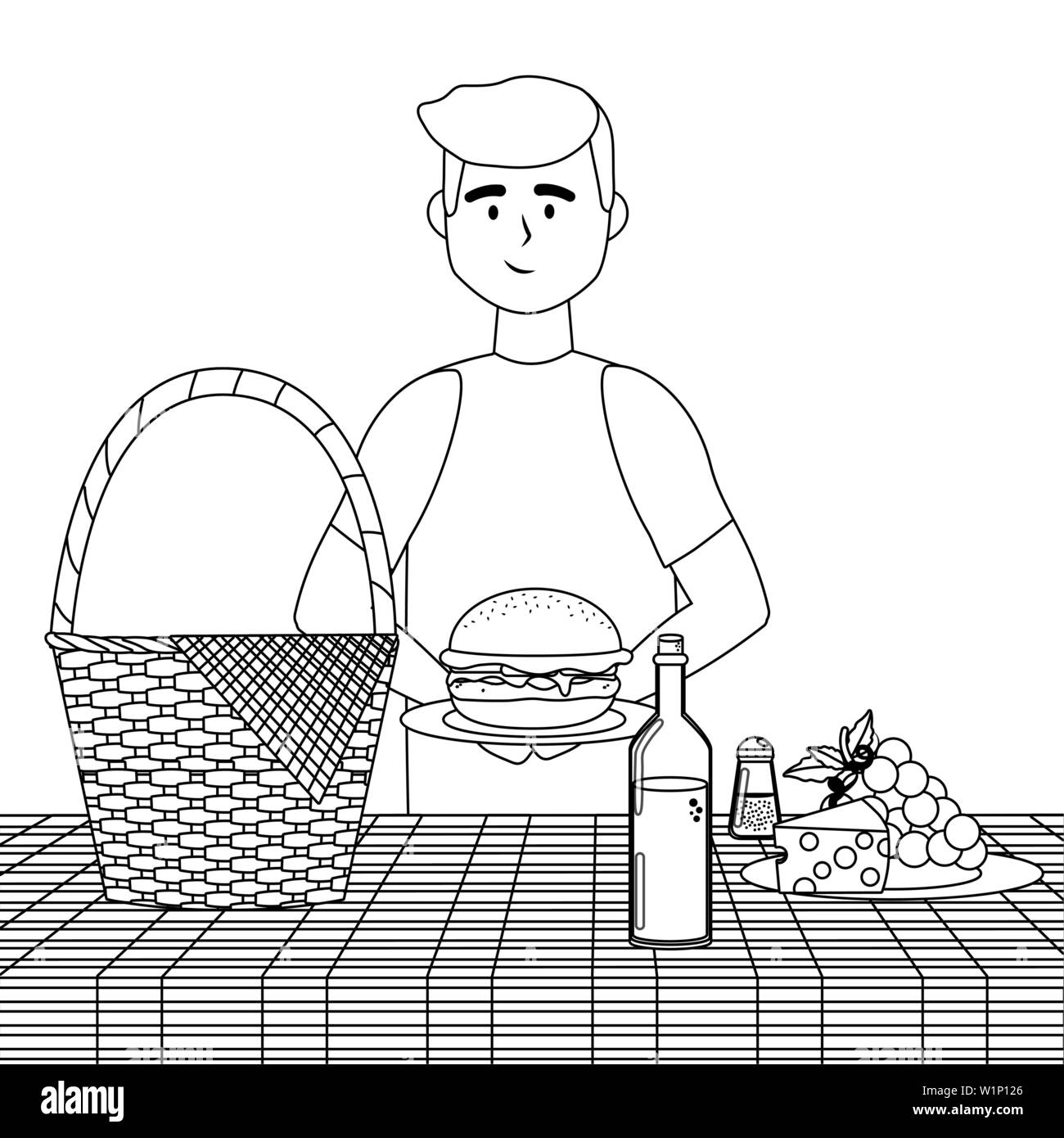 Man cartoon having picnic design, Food summer outdoor leisure healthy ...