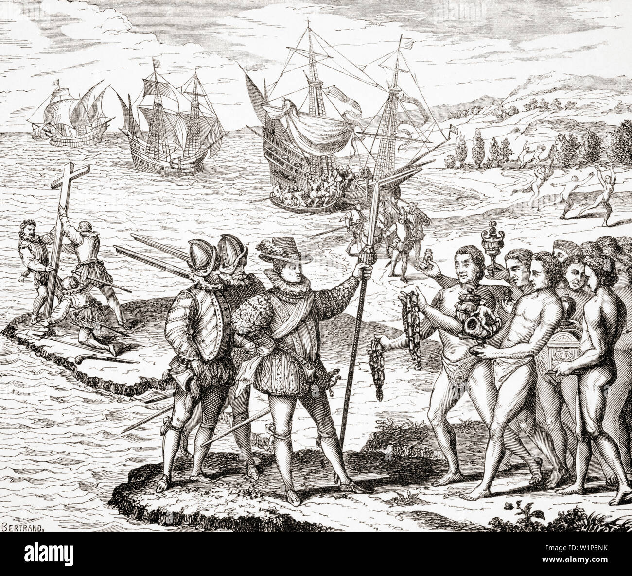 Discovery of America, 12th of May,1492. Columbus erects the Cross and ...