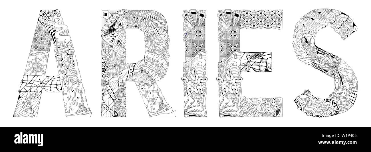 Hand-painted art design. Hand drawn illustration word ARIES for t-shirt ...