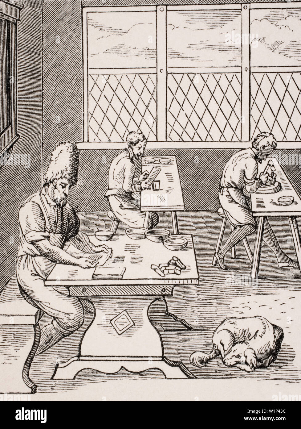 Pin and needle maker. 19th century reproduction of a 16th century ...