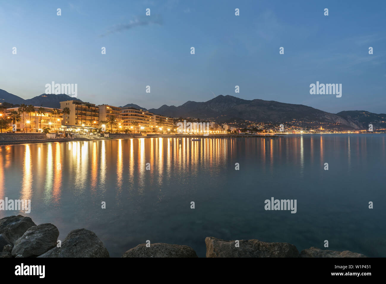 Promenade du Cap Martin , background Menton at twilight, Roquebrune-Cap ...