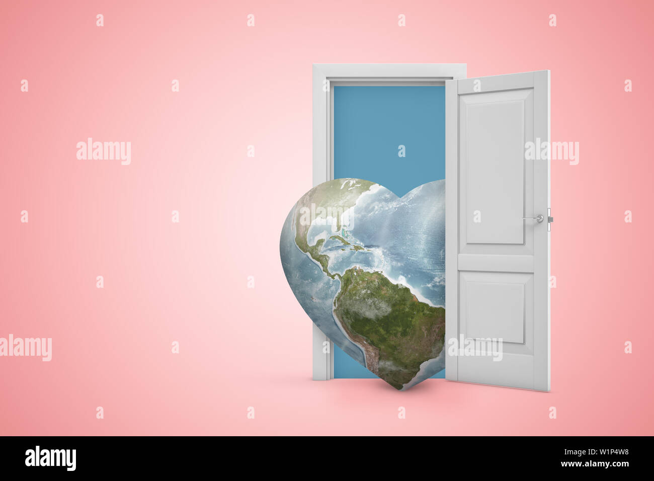 3d rendering of heart-shaped planet Earth emerging from open door on ...