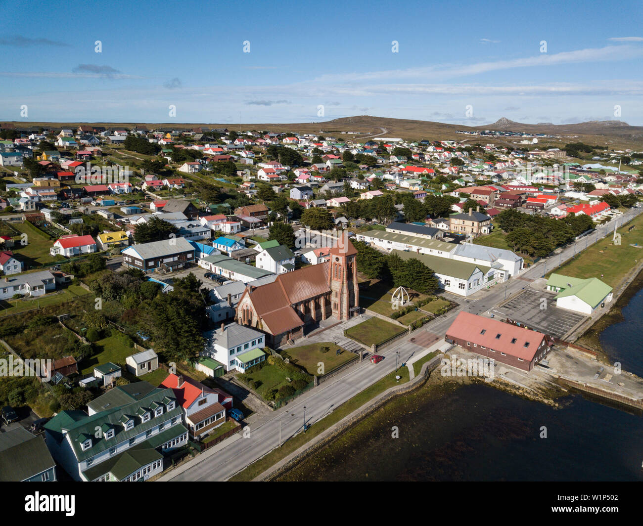 Aerial (drone) view of Stanley and the Christ Church Cathedral (1892 ...