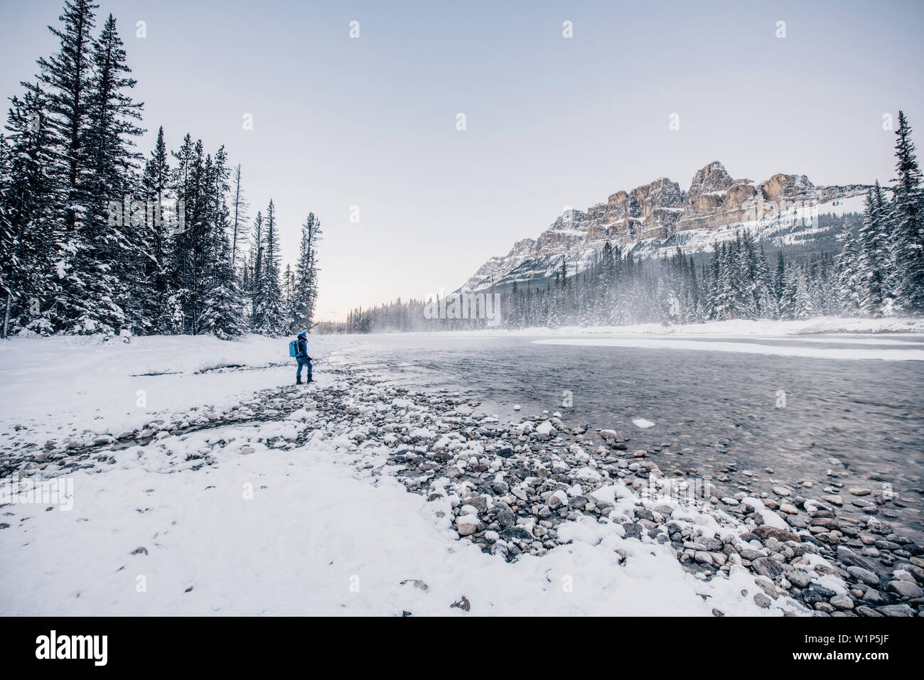 Man standing at Bow River, castle junction, Banff Town, Bow Valley ...