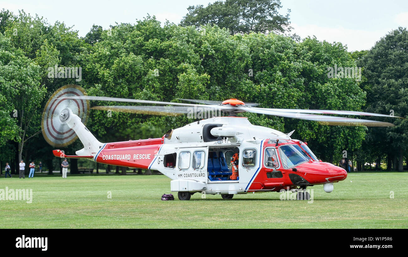 London, UK. 3 July 2019. A Coastguard Rescue helicopter waits to take ...