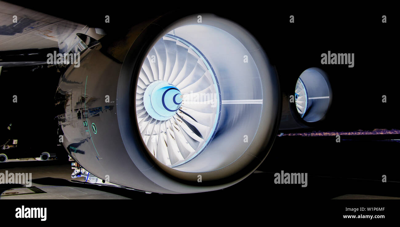 negative conversion of an image showing the engines of a Airbus A340 ...