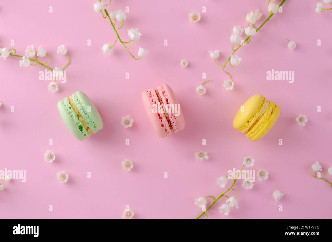 Colorful macarons or macaroons decorated with blooming lily of the ...