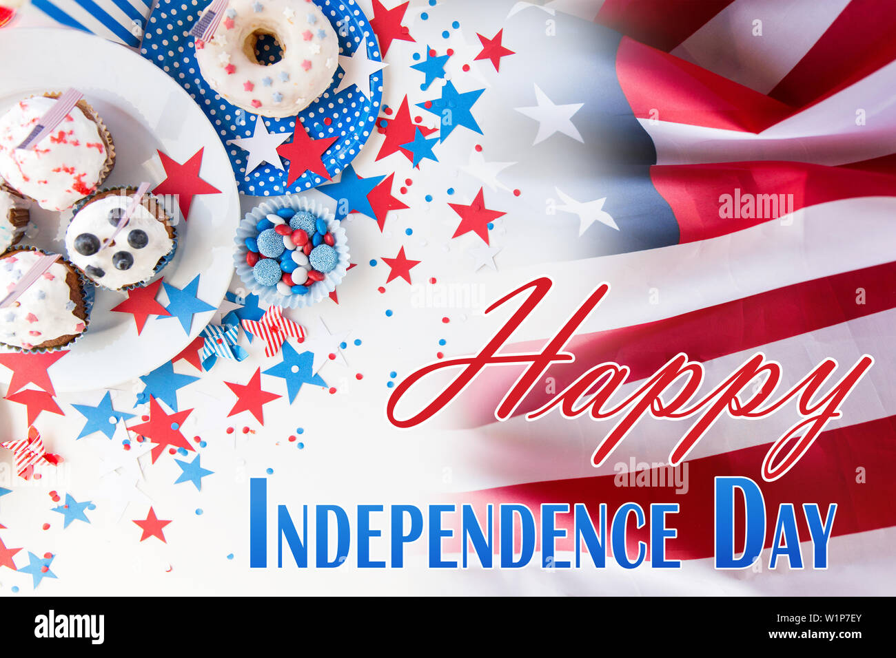 independence day party food over american flag Stock Photo - Alamy