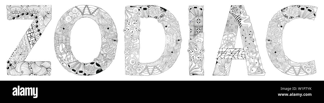 Hand-painted art design. Hand drawn illustration word ZODIAC for t ...