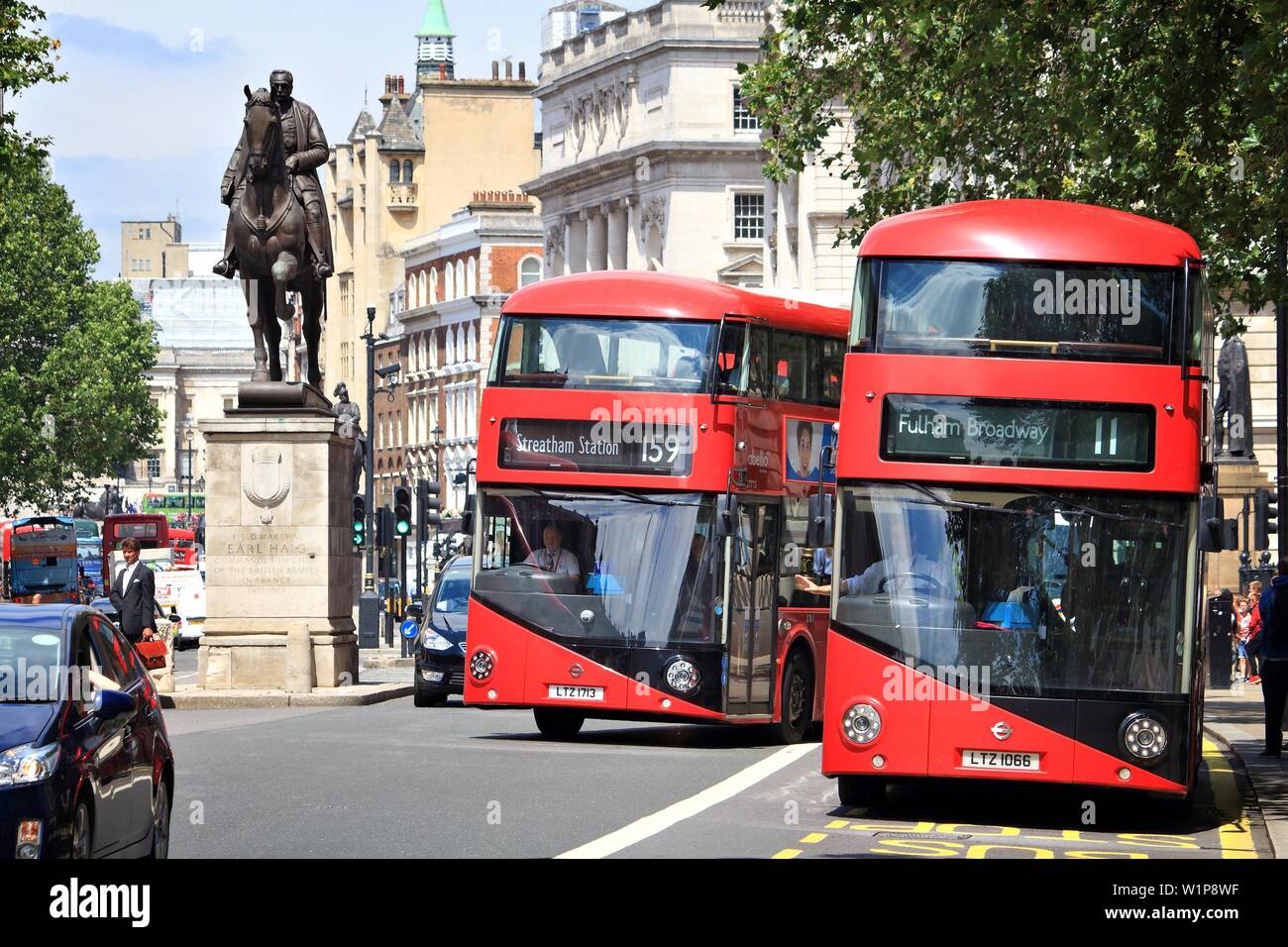 LONDON, UK - JULY 7, 2016: New Routemaster buses in Whitehall, London ...