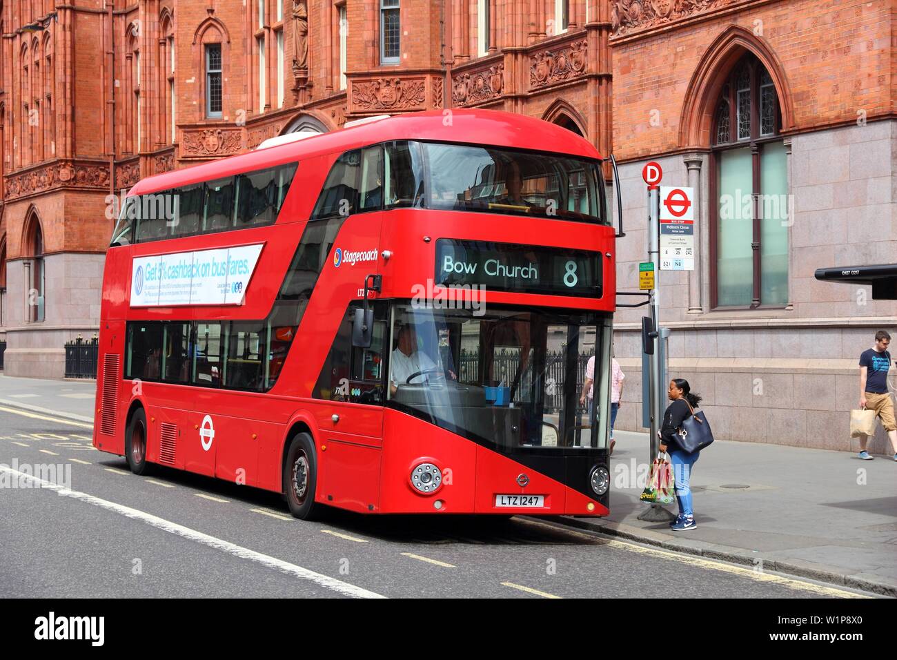 LONDON, UK - JULY 9, 2016: New Routemaster bus in Holborn, London. The ...