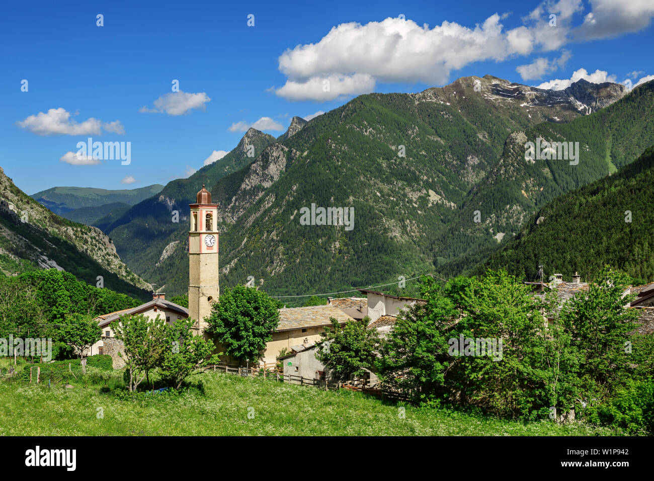 Alpine village with Cottian Alps, Val Maira, Cottian Alps, Piedmont ...