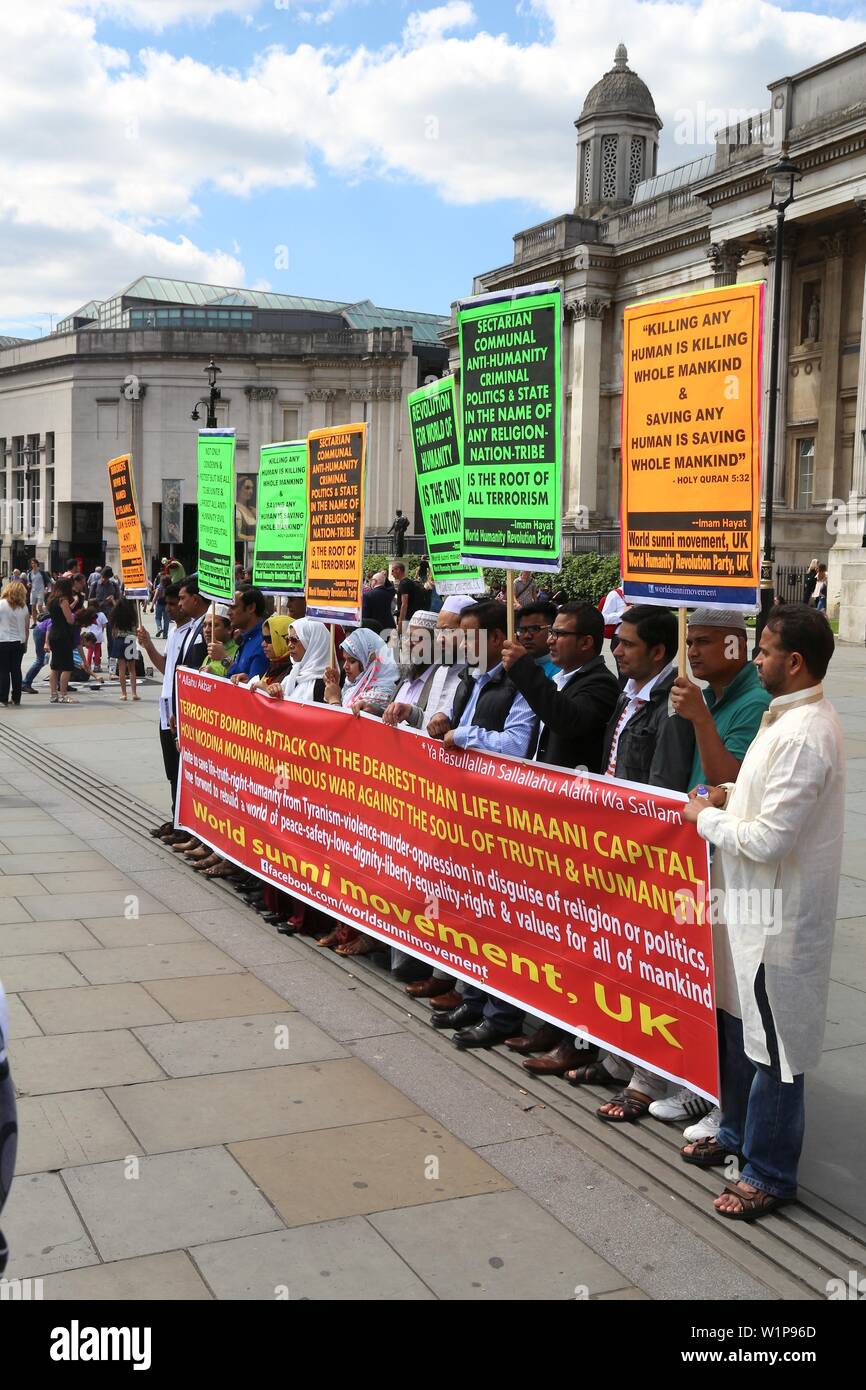 LONDON, UK - JULY 6, 2016: Sunni muslims protest against radical sects ...