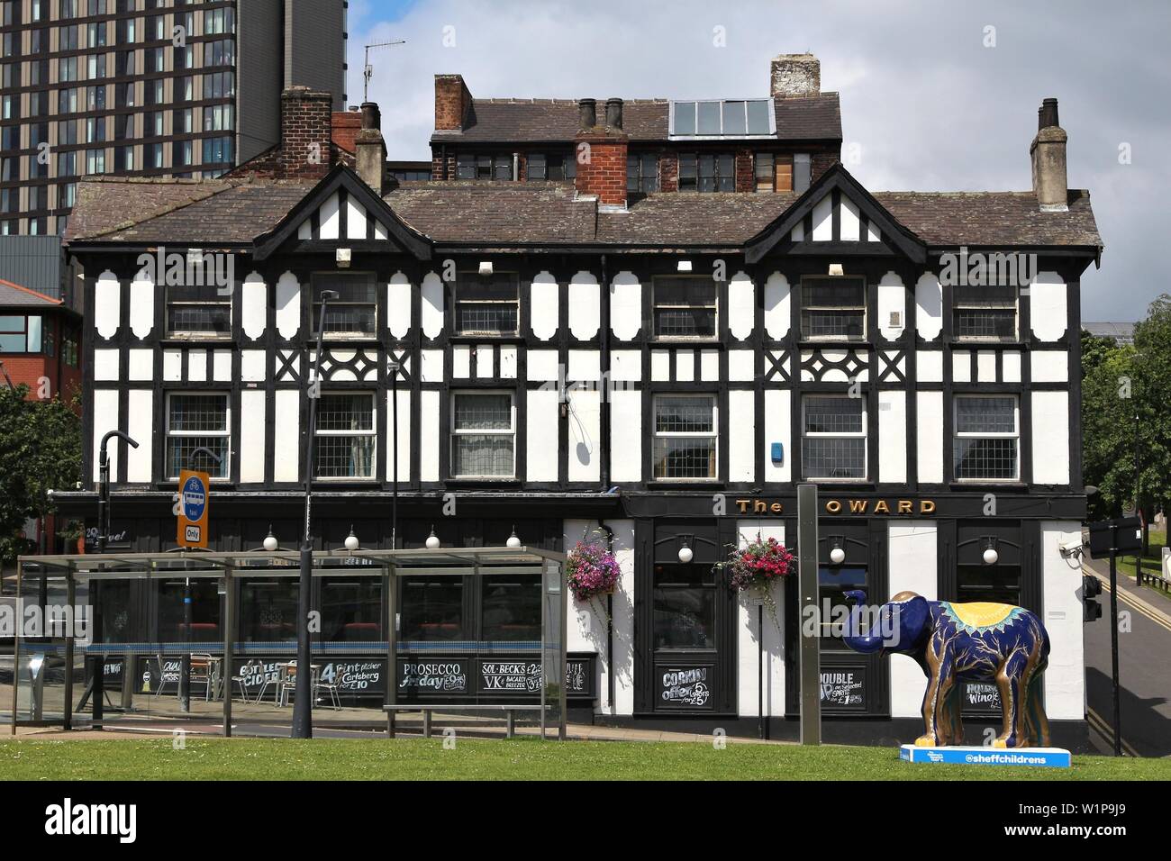SHEFFIELD, UK - JULY 10, 2016: The Howard pub with Tudor style facade ...