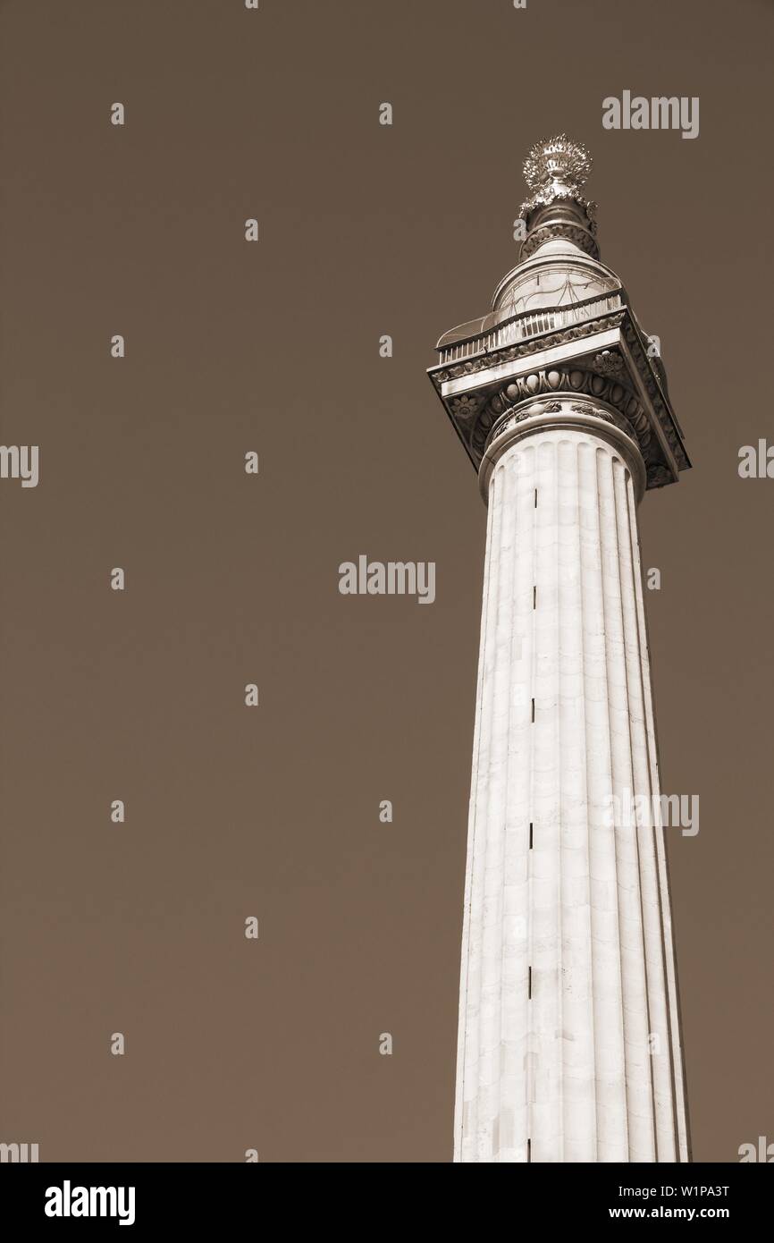 London, United Kingdom - Monument to the Great Fire of London. Sepia ...