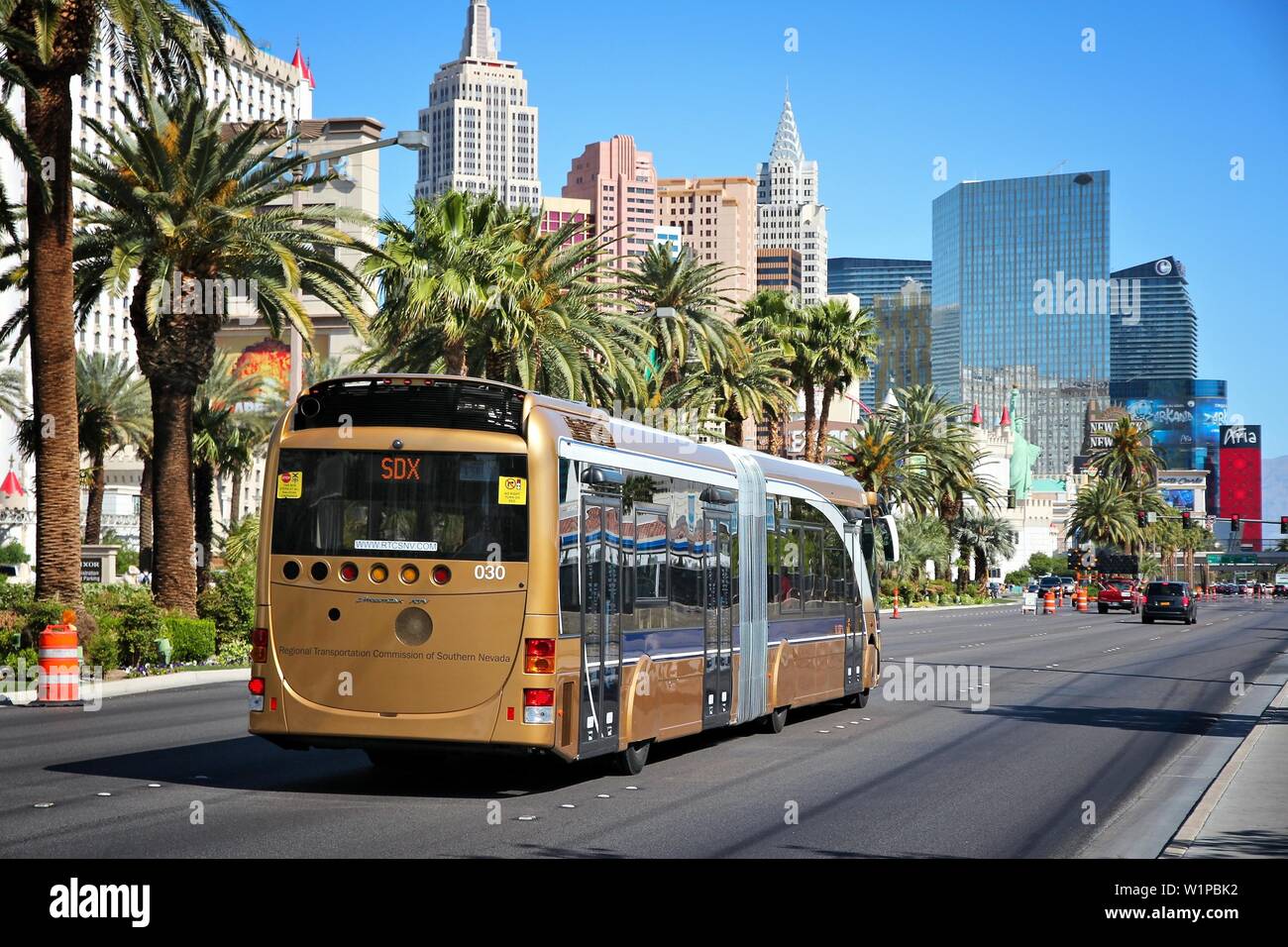 LAS VEGAS, USA - APRIL 14, 2014: People ride SDX bus in Las Vegas. SDX ...