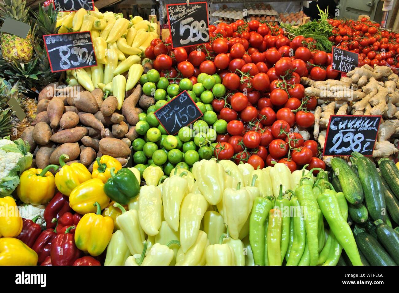 Food market in Budapest, Hungary (Great Market Hall). Fresh produce ...