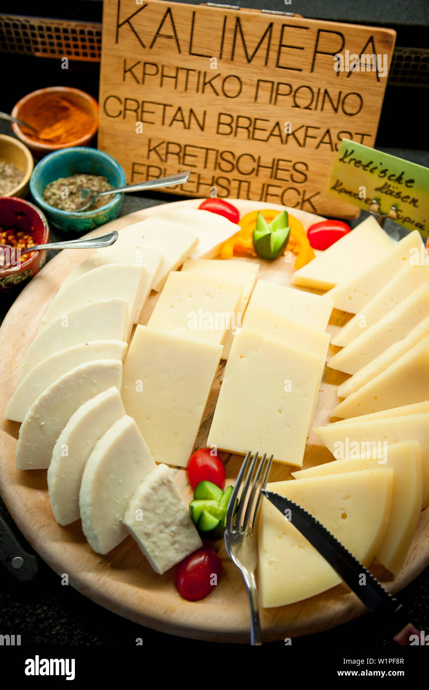 Breakfast buffet with cheese, hotel, Agia Galini, Crete, Greece, Europe ...