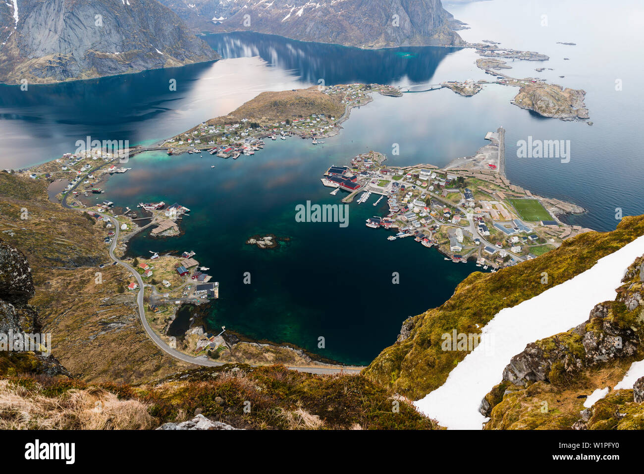 view of Reine and the Reine fjord in the evening, Lofoten Islands ...