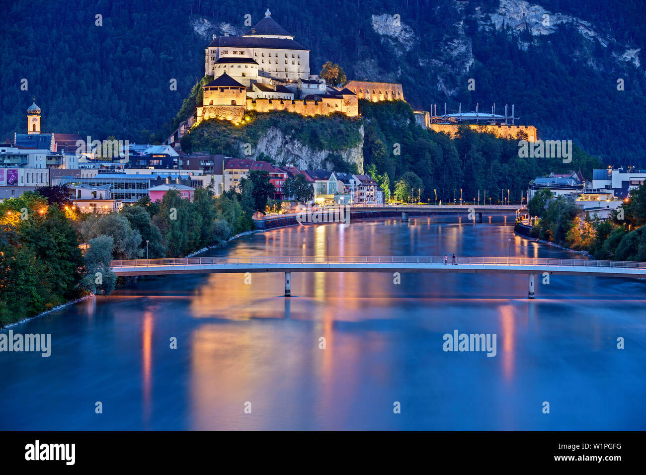 River Inn with city and illuminated castle of Kufstein, Kufstein, Tyrol ...