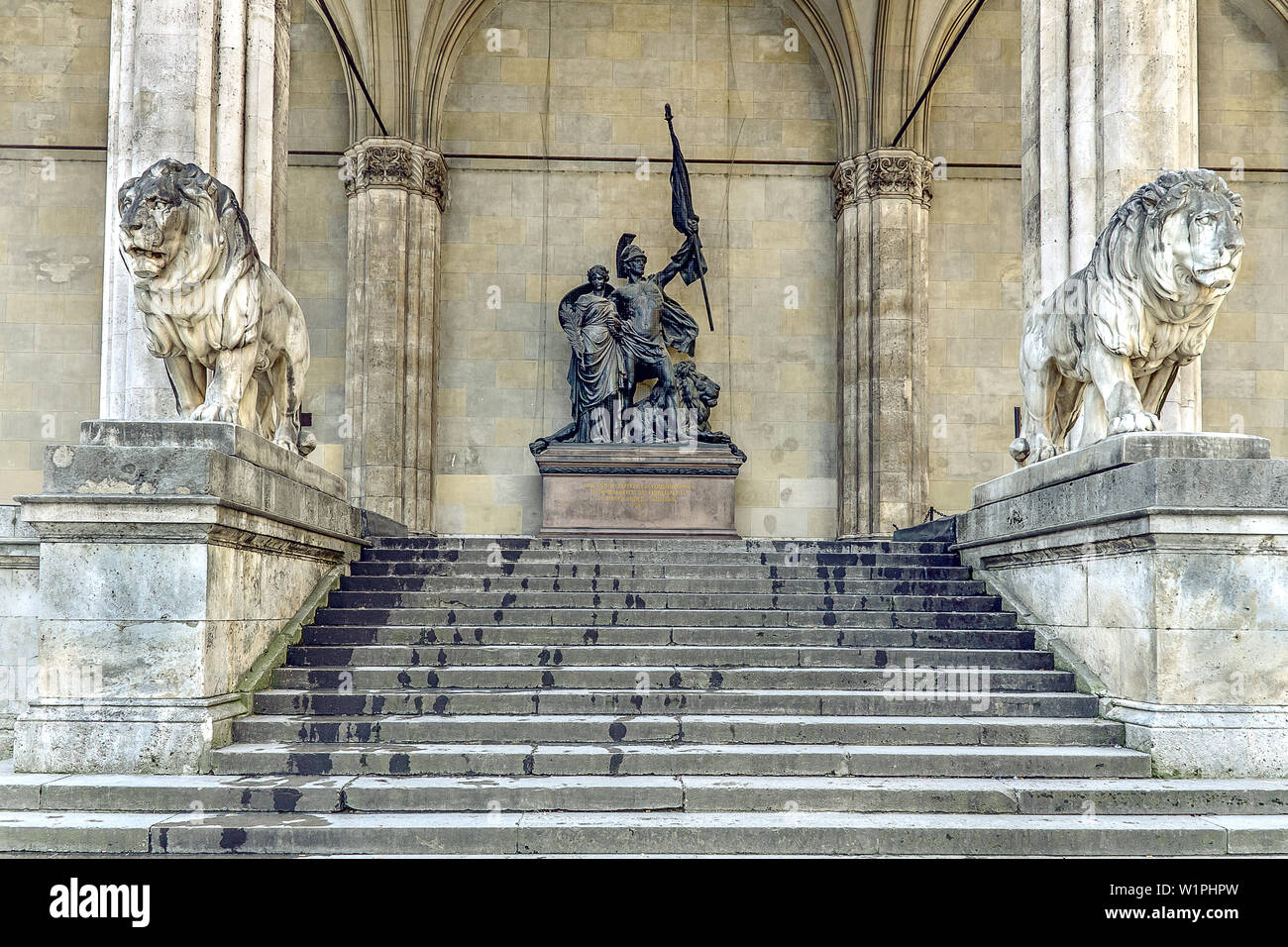 Germany. Bayern. Munich. Statue of a warrior and the lions in ...
