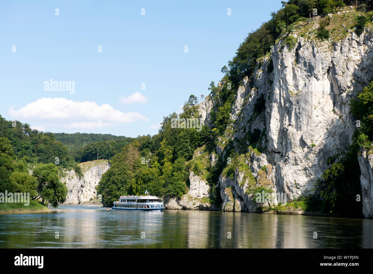 The Danube Gorge with cruise boat near the Weltenburg Monastery Stock ...
