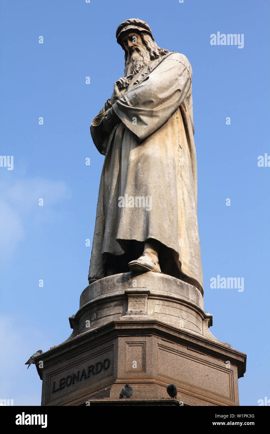 Leonardo da Vinci statue in Milan, Italy. Famous polymath: painter ...