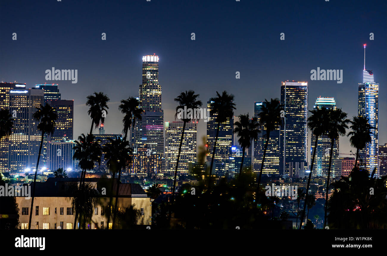 Downtown Los Angeles skyline at night Stock Photo - Alamy