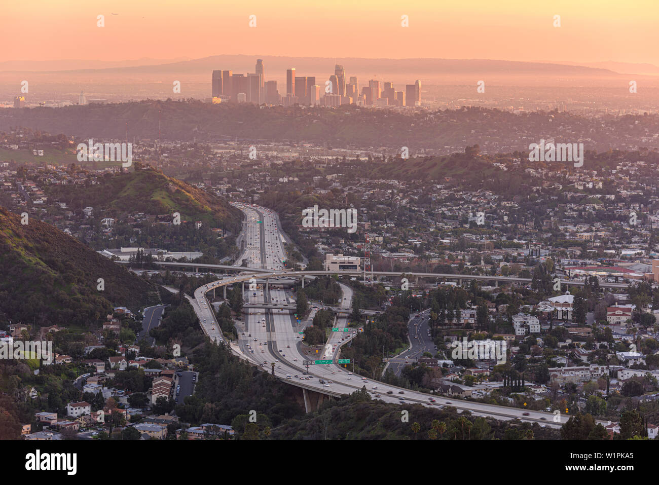 Downtown Los Angeles skyline at sunset Stock Photo - Alamy
