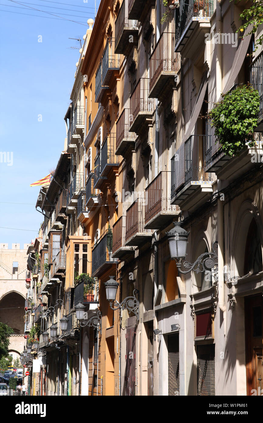 Valencia, Spain. Old town street, vintage residential architecture ...