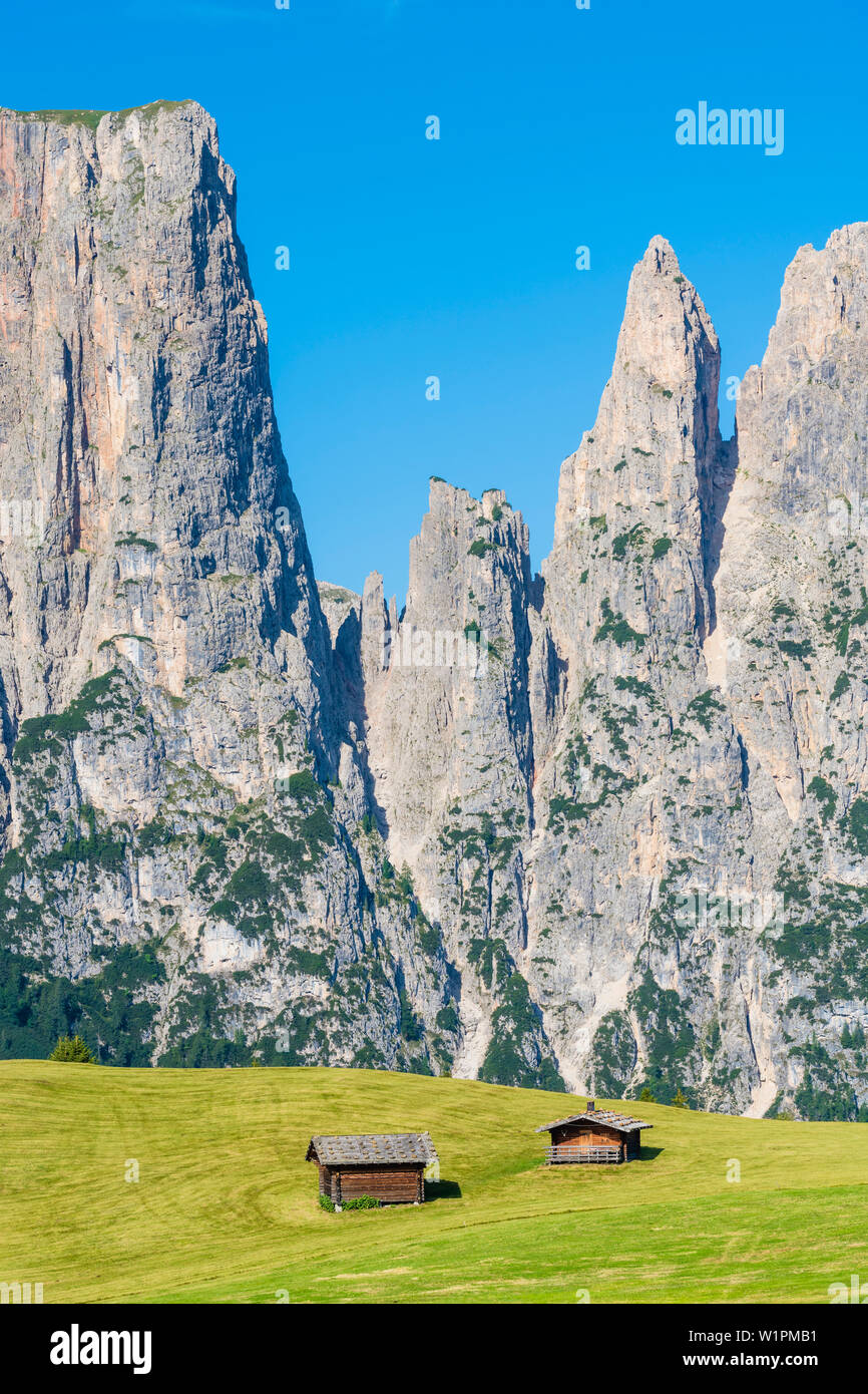 Wooden huts in front of the Schlern Mountains, Compatsch, Alpe di Siusi ...