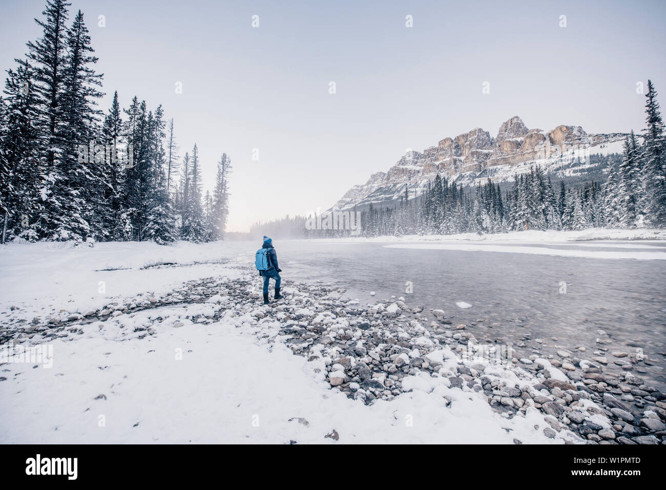Man standing at Bow River, castle junction, Banff Town, Bow Valley ...