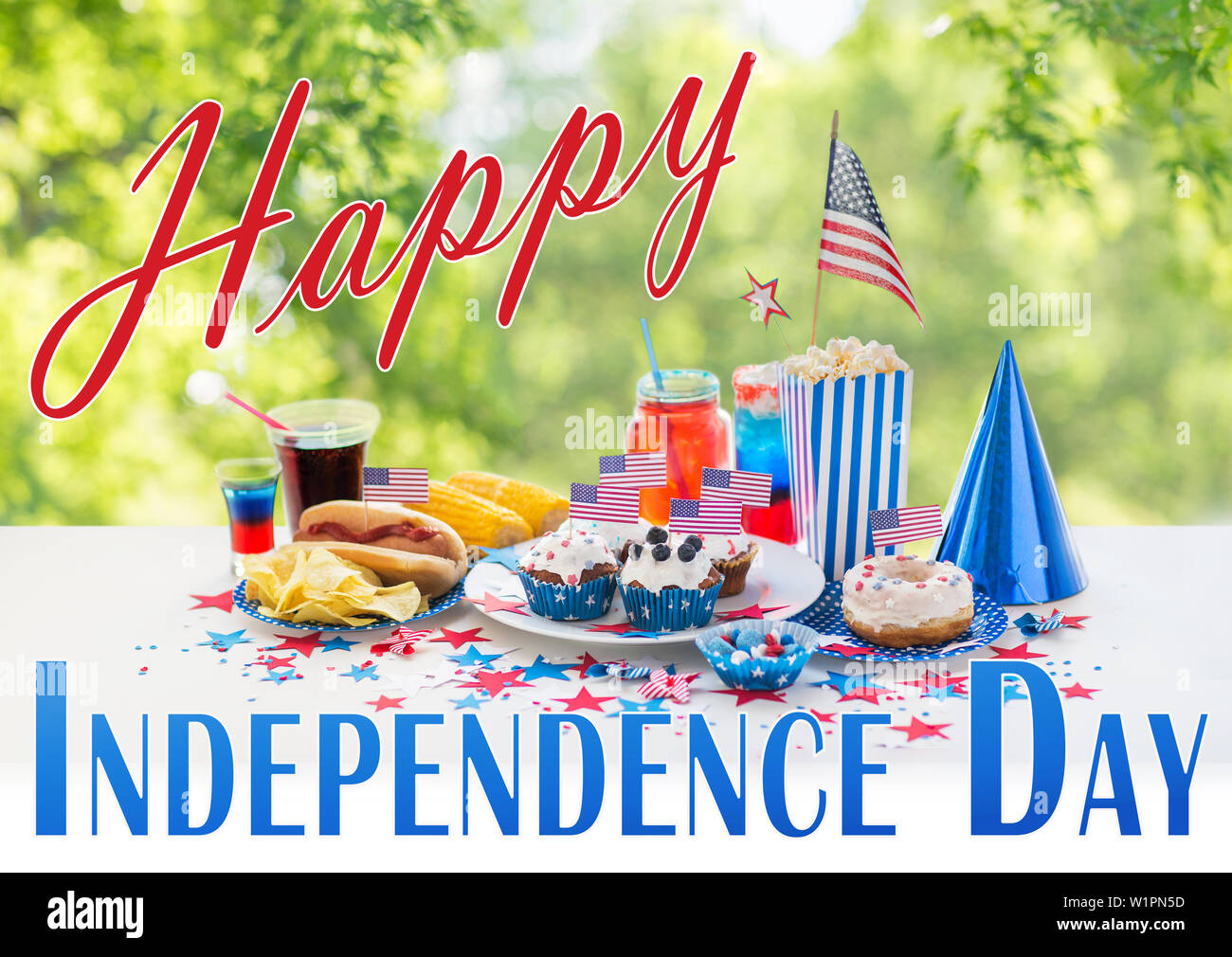 food and drinks on american independence day party Stock Photo - Alamy