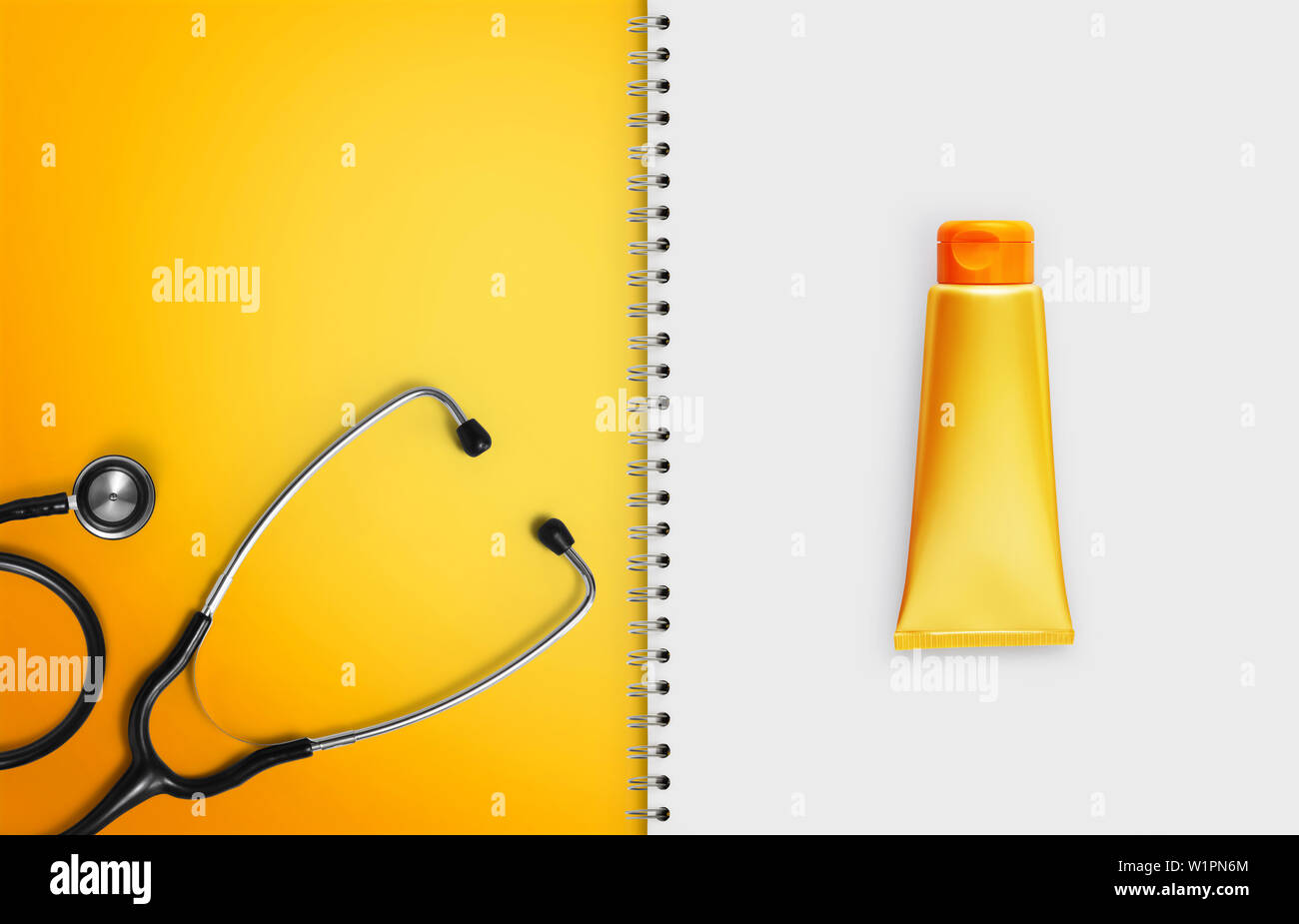 medical sunscreen, paper notebook pages with stethoscope and orange ...