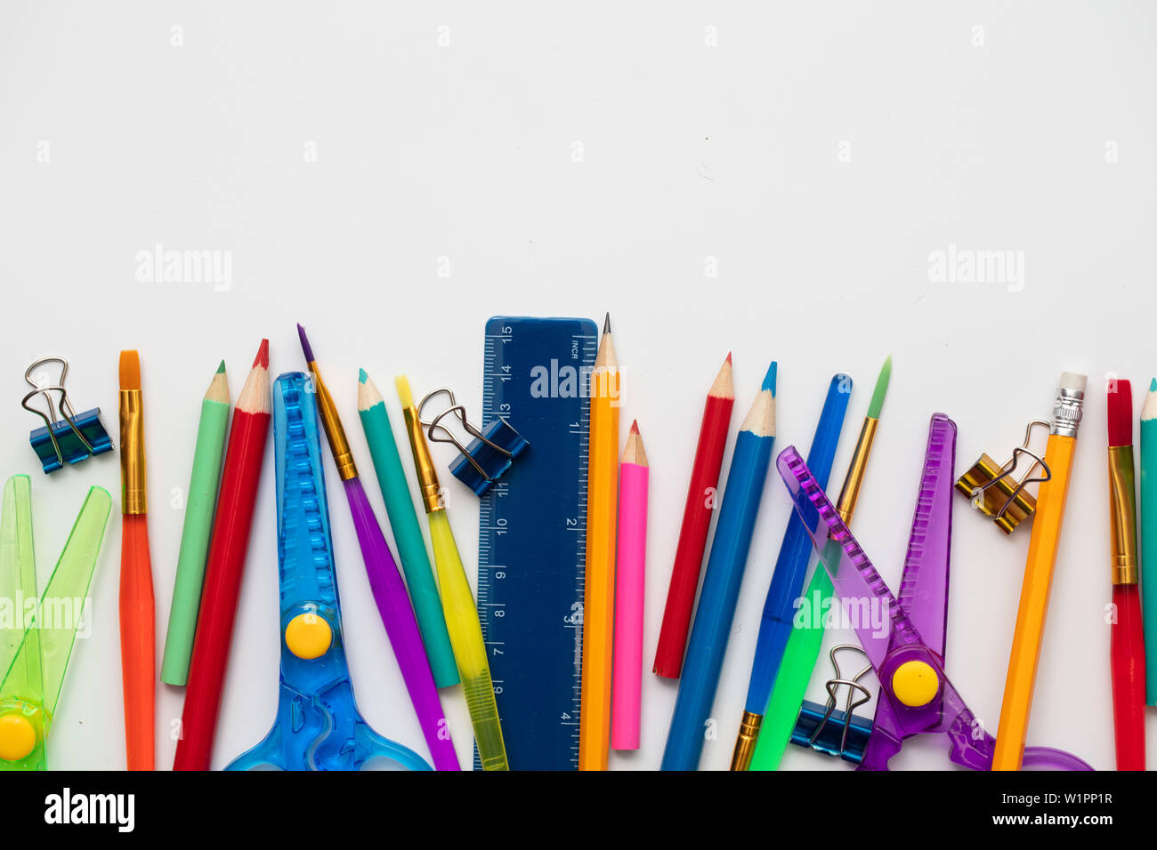 A large set of school art supplies on a plain white background Stock ...