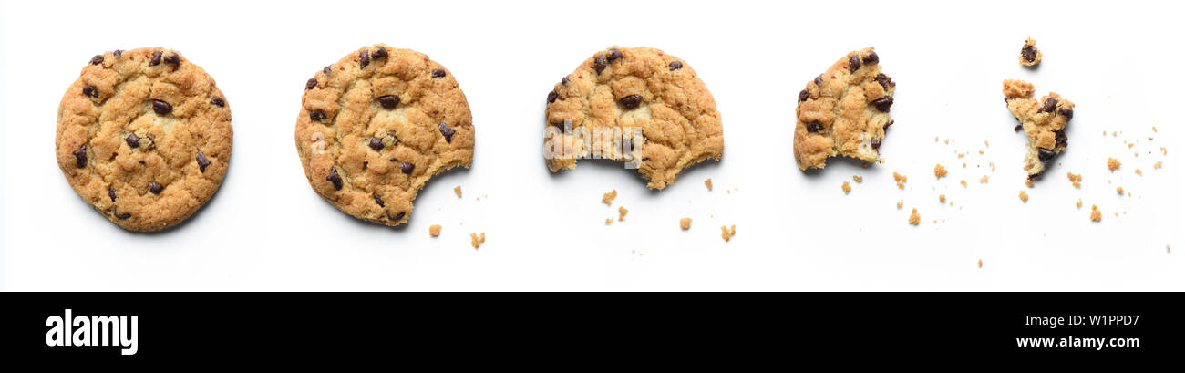 Steps of chocolate chip cookie being devoured. Isolated on white ...