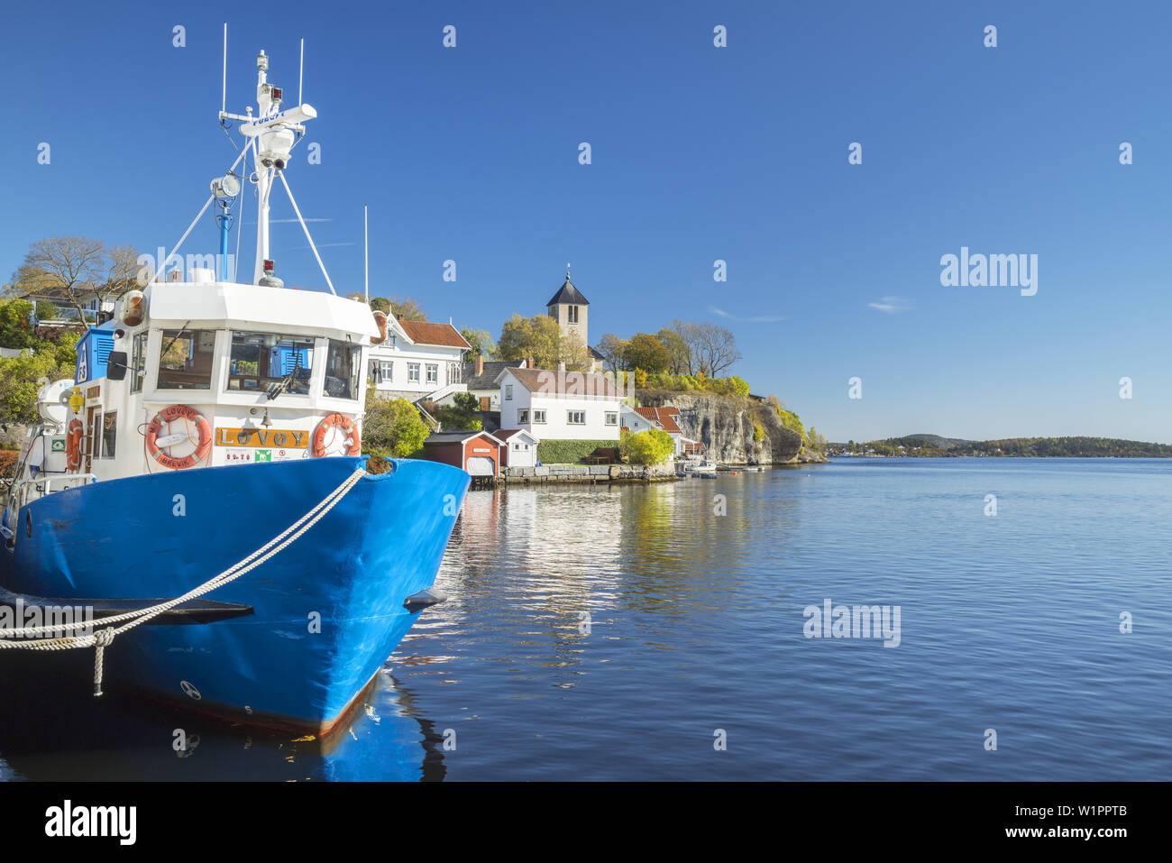 Boat in the harbour of Brevik on the isle Sylterøya, Porsgrunn ...