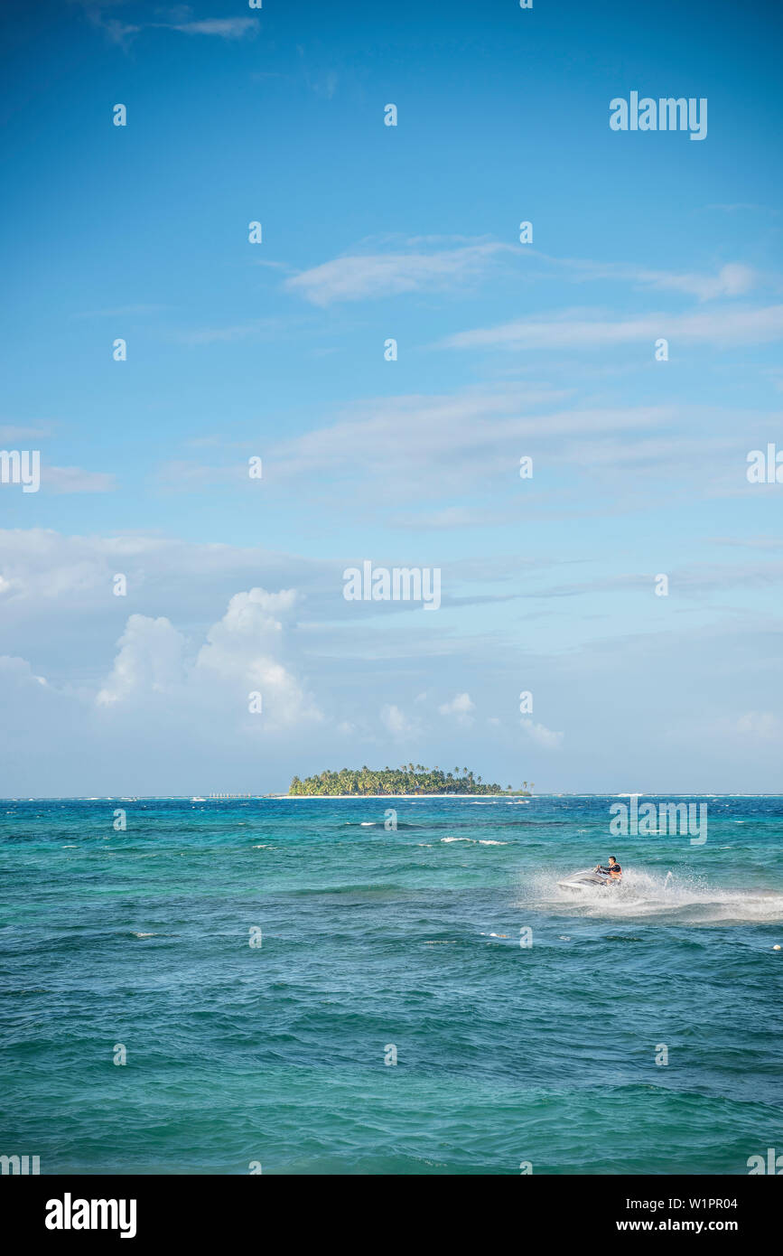 tourist at beach of San Andres rides with Jetski in front of ...