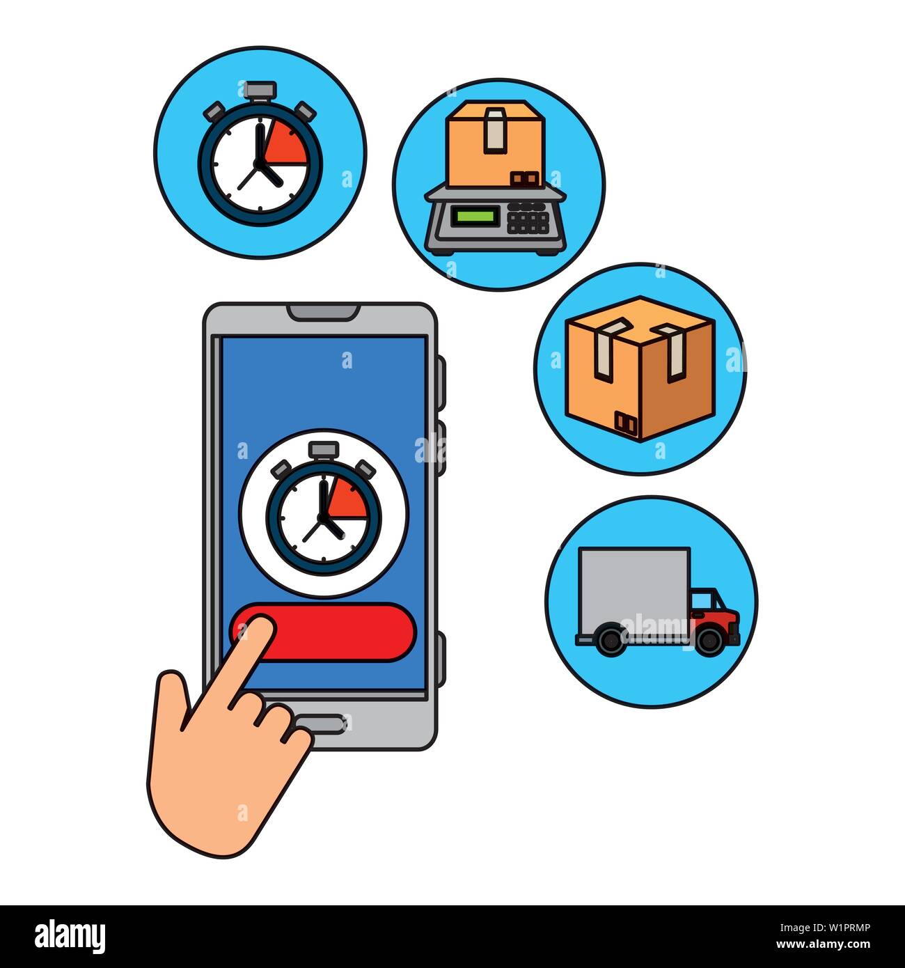 hand using smartphone with delivery app and icons Stock Vector Image ...