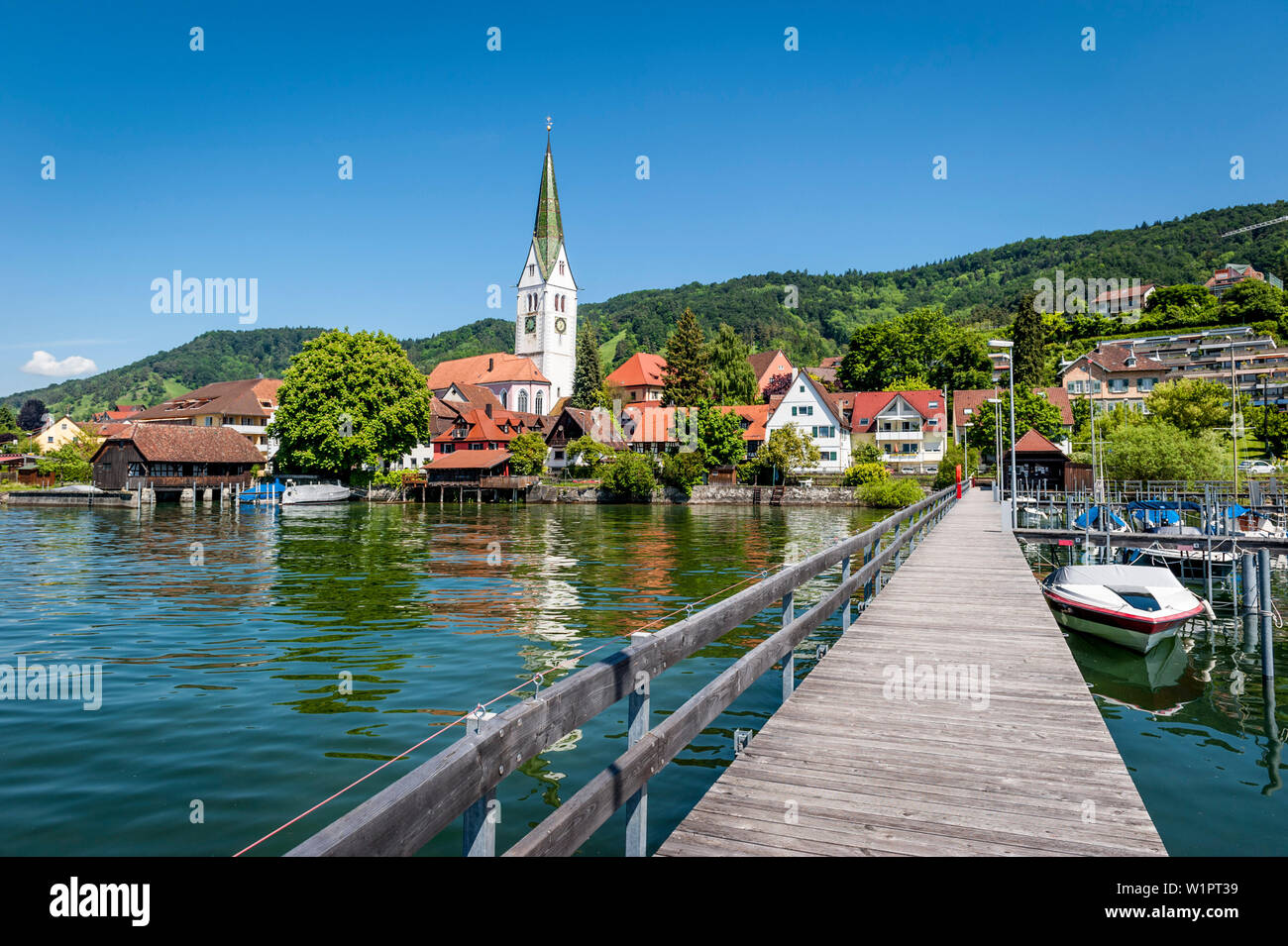 Village with church seen from lake Constance, Corpus Christi, Feast of ...