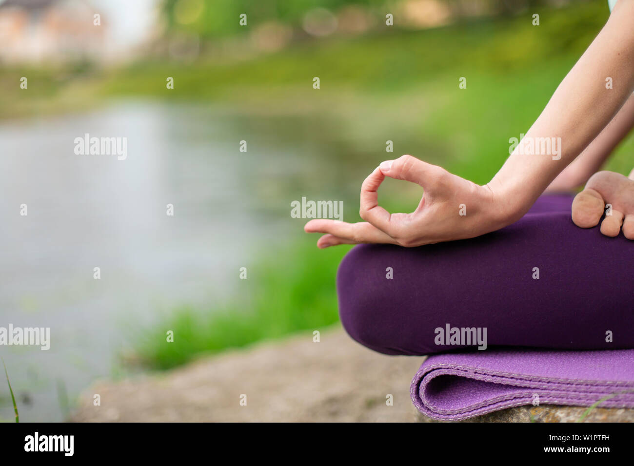 Yoga woman practicing yoga lesson, breathing, meditation, doing ...