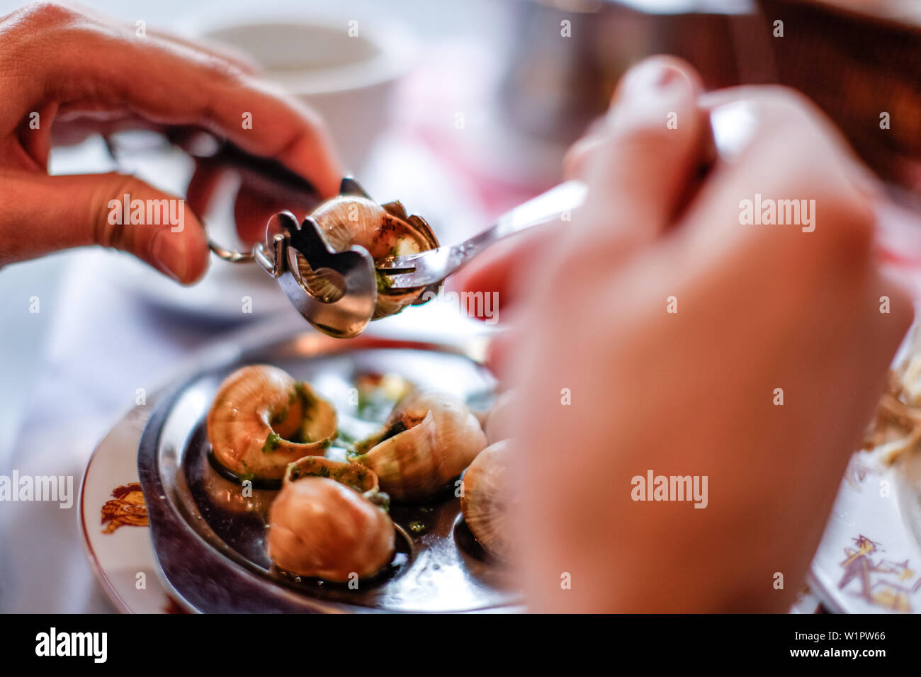 Man eating escargots (snails) in La Mère Catherine restaurant, Place du ...