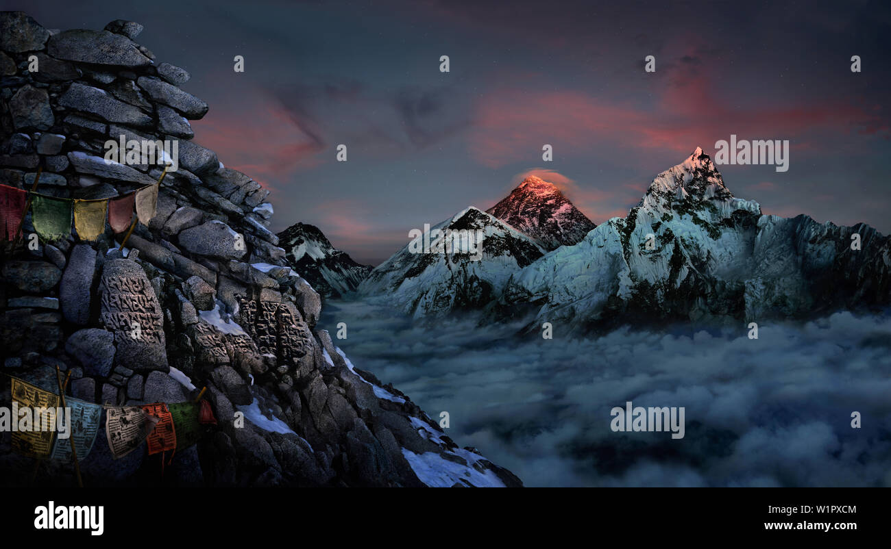 Mount Everest at sunset with prayer wall (Mt Nuptse right), Kala ...
