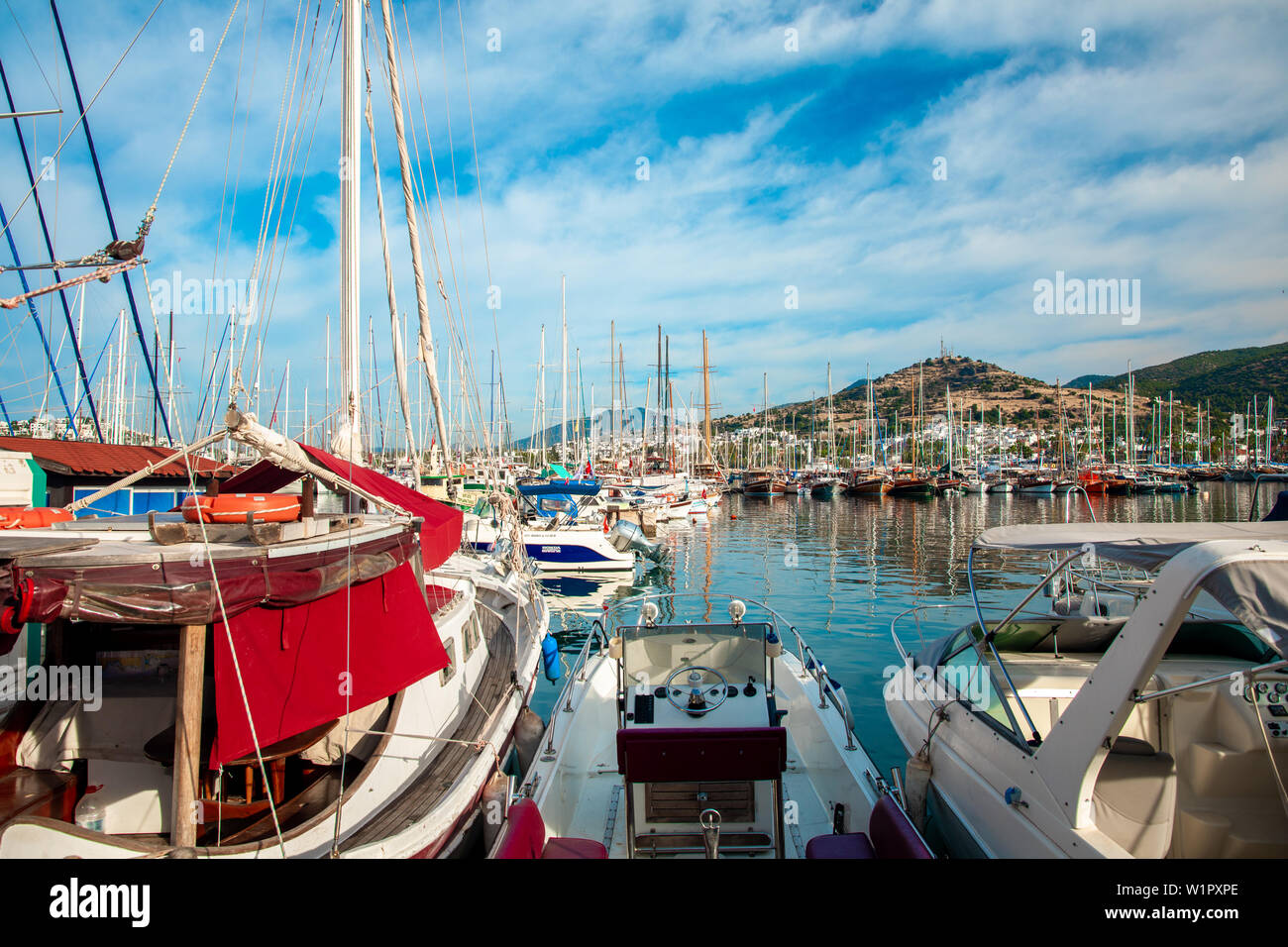 View of Bodrum Beach, Aegean sea, traditional white houses, marina ...
