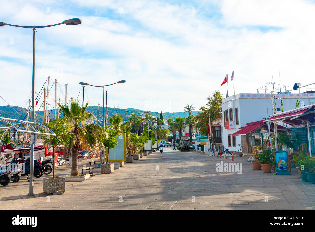 View of Bodrum Beach, Aegean sea, traditional white houses, marina ...