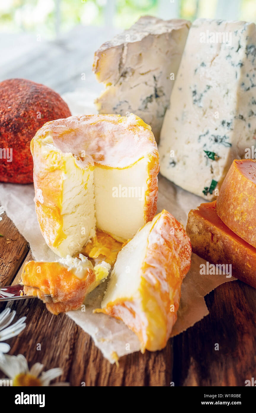 Delicatessen spicy cheeses of different varieties. Red cheddar, Dor ...