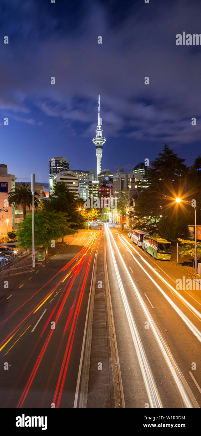 Auckland at night with view of Sky Tower, North Island, New Zealand ...