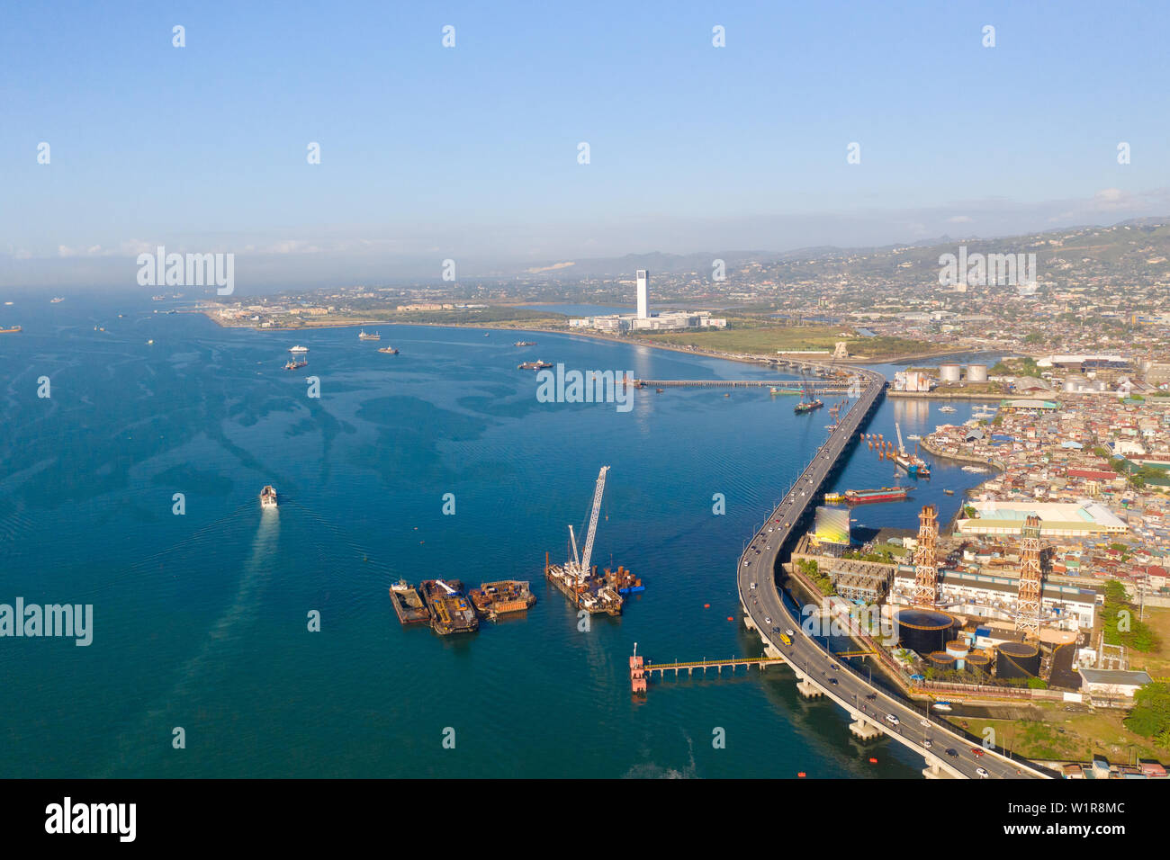 Panorama of Cebu in the morning. Road bridge and seaport, view from ...